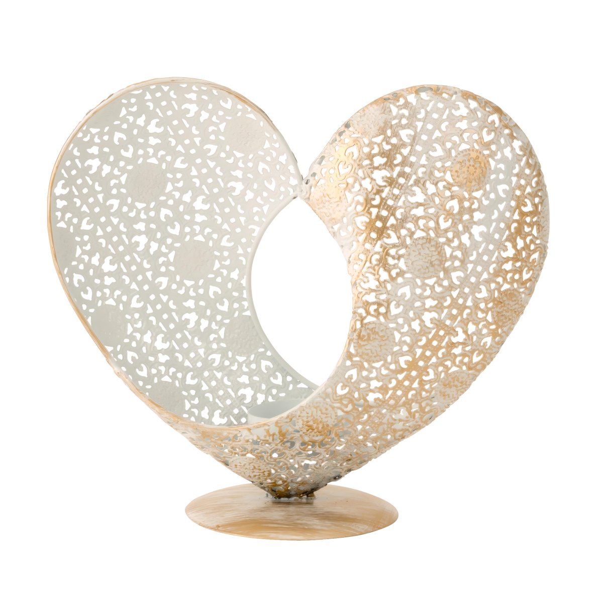 Metal Hjerte til Fyrfadslys i Guld og Hvid - 19.5 x 20 cm